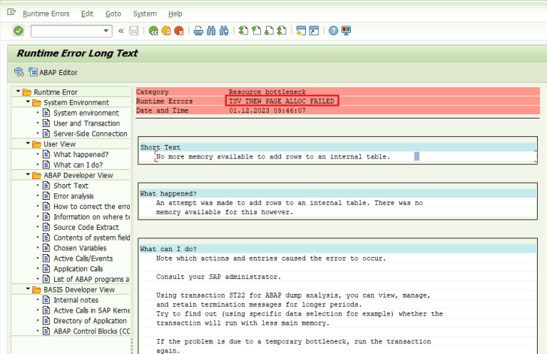 SAP BW: How to find out which Query caused Memory Dump (TSV_TNEW_PAGE ...